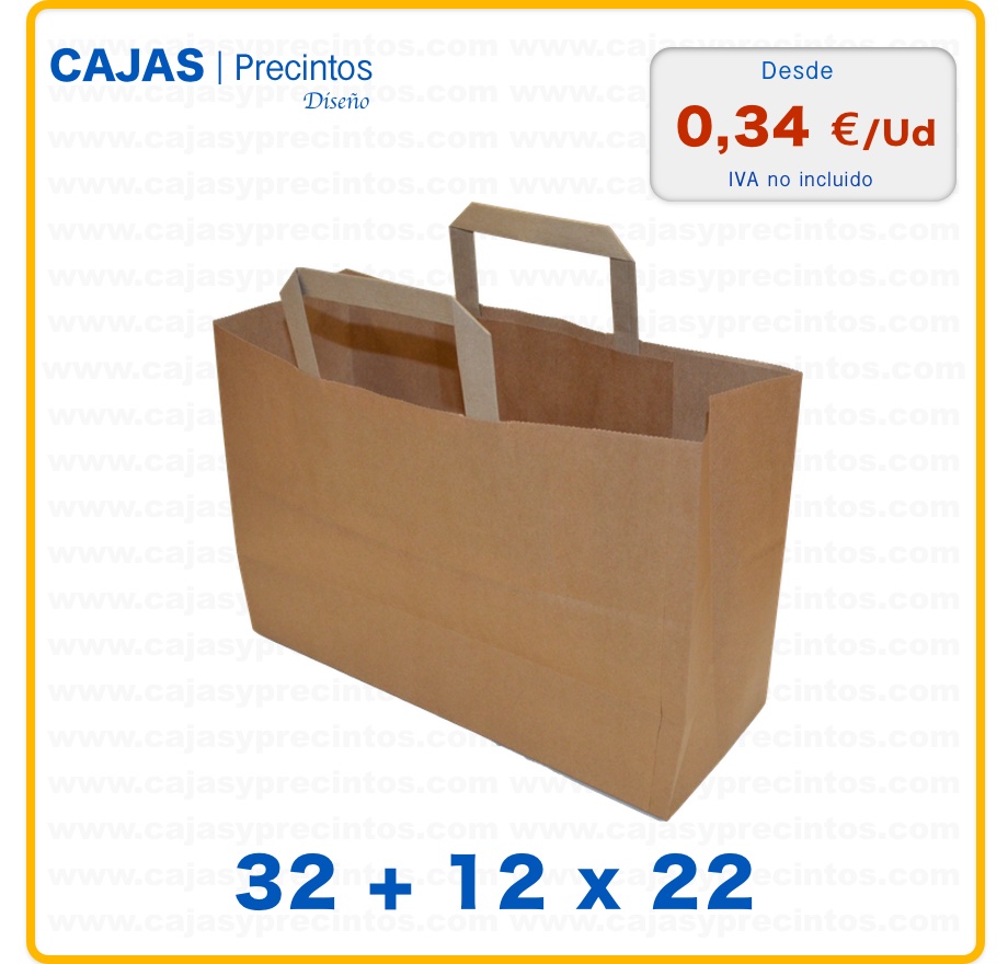Bolsa con Asas 32 + 12 x 22 cm. Color Kraft - Cajas y Precintos